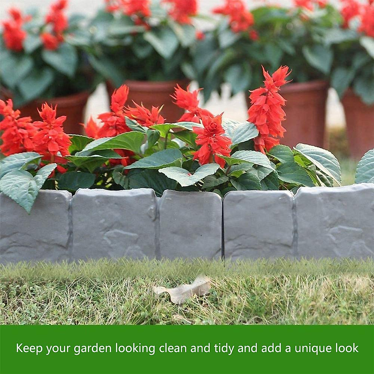 10 Pcs Garden Border Grey Stone Effect Lawn Edging Plastic Plant Fence Plastic Hammer in Plant Lawn Border Support Structures for Flower Bed Grass Bordering