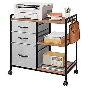 YITAHOME 3 Drawer Lateral File Cabinet, Mobile Printer Stand with Open Storage Shelf and Hook, Rolling Fabric Filing Cabinet for Home Office, Fits A4/Letter Size, Light Grey