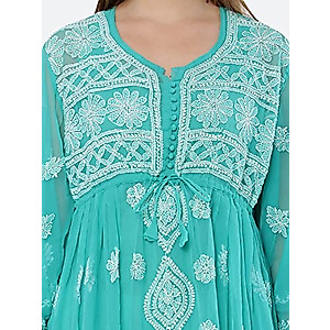 FAWOMENT Women's Lucknowi Chikan Embroidery Exclusive Panel Gown alongwith Kurti (S, Aqua Green)