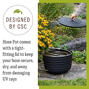 Gardener's Supply Company Garden Hose Pot with Lid | Matte Black Low Carbon Steel Watering Hose Storage with Hose Access Port | for Outdoor Garden, Backyard, & Patio | Holds 100ft Hose