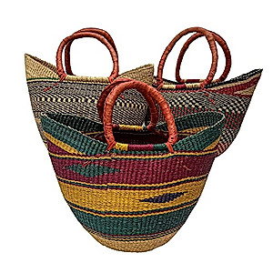 Deluxe Colorful African Shopping Basket - Large 18" U-shape - by market women in Bolgatanga, Ghana with Africa Heartwood Project - GBLSC (Flat-packed)