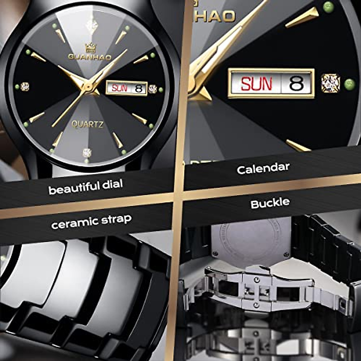GUANHAO Ceramic Watches for Men, Black Business Men's Wristwatches with Calendar and Weeks, Quartz Watches with Ceramic Band Diamond Dial for Male Luminous Hands