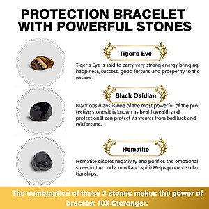 Fishent Triple Protection Bracelet, Black Obsidian Hematite Bracelet, Bring Lucky and Prosperity, Tiger Eye Beaded Bracelets for Men and Women, Good Luck Crystal Bracelet Adjustable Elastic