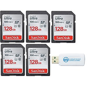 SanDisk 128GB Ultra - 5 Pack UHS-I Class 10 SD Flash Memory Card Retail (SDSDUNR-128G-GN6IN) - Bundle with Everything But Stromboli Combo Card Reader