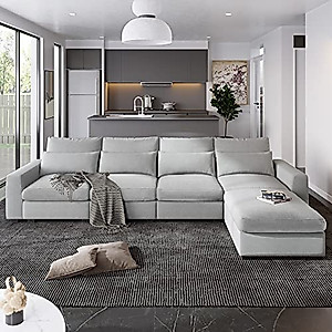 130" L-Shaped Convertible Deep Seat Feather Filled Modular Sectional Sofa with Reversible Chaise/Movable Ottoman&4 Waist Pillows,Comfy Upholstered Corner Couch,5-Seat Oversized Sofá for Living Room