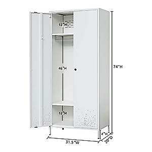 YEEZER Metal Wardrobe, Storage Cabinet with Hanging Rod，Armoire with Magnetic Door and 2 Freely Adjustable Shelves 74" H x 31.5" W x 20" D (White)