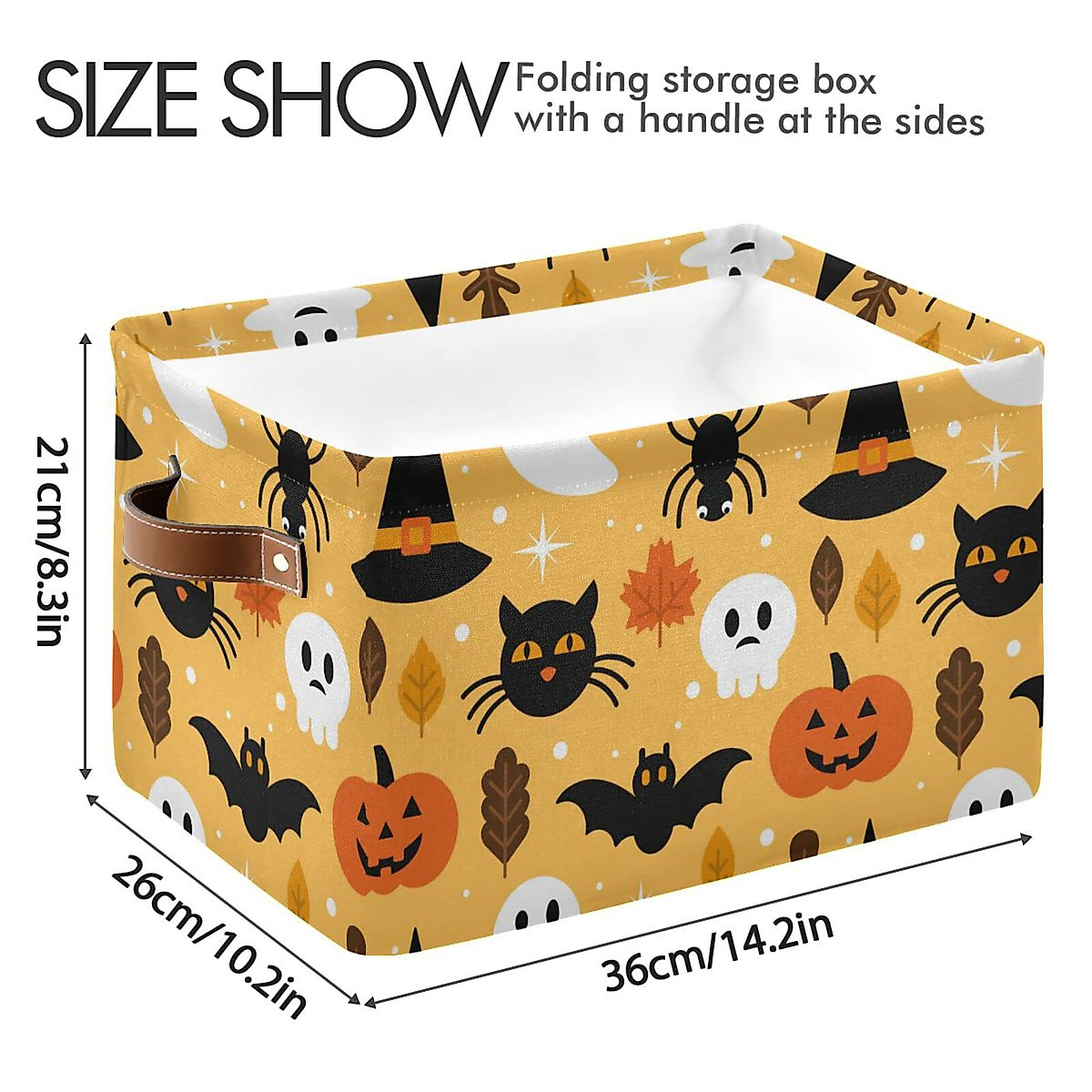 Large Foldable Storage Basket Halloween Spooky Skull Pumpkin Black Cat Storage Bin Canvas Toys Box Fabric Decorative Collapsible Organizer Bag with Handles for Bedroom Home