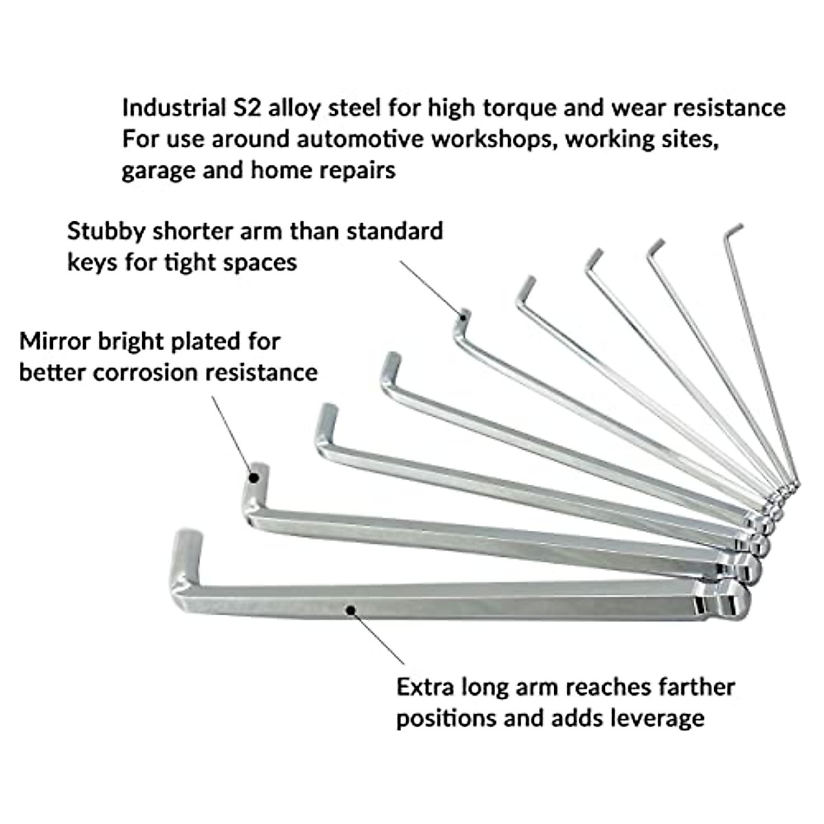 NordWolf 9-Piece Metric Ball End Stubby Allen Wrench Set, Long Arm S2 Steel Hex L-Keys, Sizes 1.5mm to 10mm