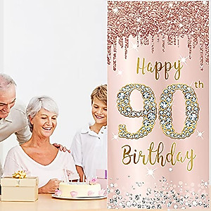 90th Birthday Door Banner Decorations for Women, Pink Rose Gold Happy 90th Birthday Door Cover Backdrop Party Supplies, Large 90 Year Old Birthday Poster Sign Decor