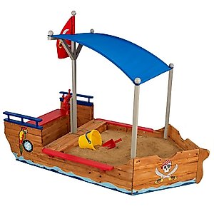 KidKraft Wooden Pirate Sandbox with Canopy, Covered Children's Sandbox, Outdoor Furniture - Blue & Red, Gift for Ages 3-8