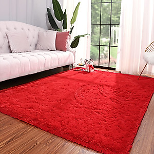 Keeko Fluffy Bedroom Rug, 3x5 Washable Area Rug Shag Fuzzy Faux Fur Rug Modern Rugs for Bedroom Entryway Shaggy Non Shedding Indoor Bedside Rug Small Carpet for Kids Girls Room Home Decor Red
