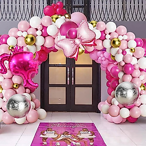 146pcs Pink Balloon Garland Hot Pink Rose Red Light Pink Matte White Balloons Silver Disco Ball Bow Crown Princess Star Balloon Arch Kit For Princess Party Decoration Birthday Baby Shower