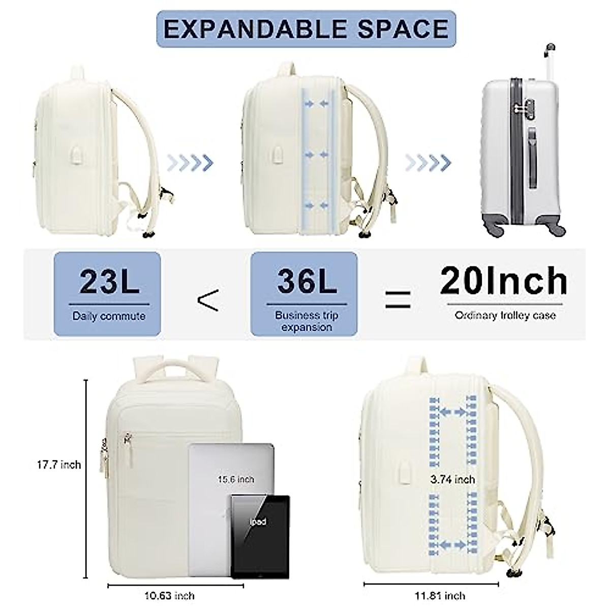Hp hope Travel Backpack for Women Men, Expandable Airline Approved Carry On Backpack Flight Approved, Waterproof Hiking Weekender Backpack with USB Charging Port & Shoes Compartment, White