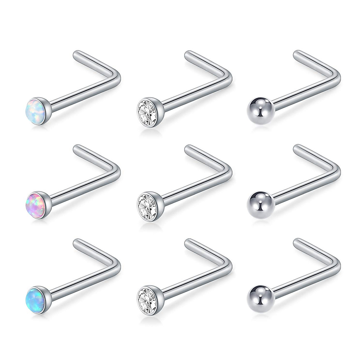 Anicina 18G Stainless Steel L Shaped Nose Rings Studs 2mm Mix Color Opal & CZ & Ball L Nose Stud Ring Nose Nostril Piercing Jewelry for Womens Mens