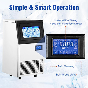 Commercial Ice Maker Machine, Freestanding/Under Counter Stainless Steel Ice Machine, 80Lbs/24 Hour with 24Lbs Ice Storage Capacity, Self Cleaning, Ideal for Restaurant/Bar/Cafe/Shop/Home/Office