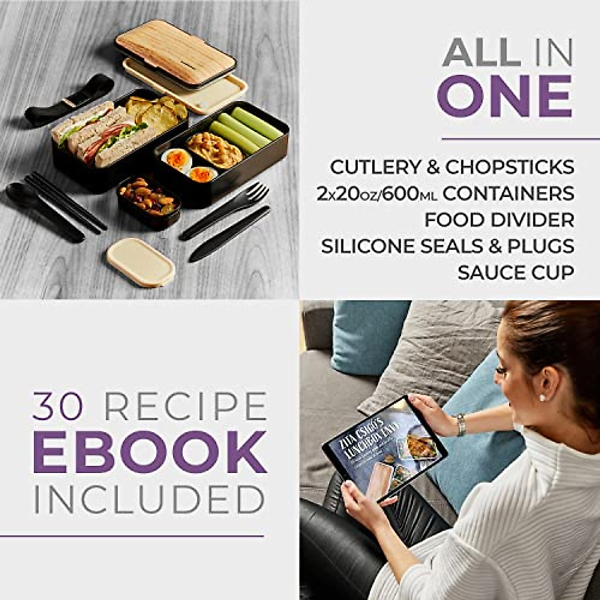 Premium Bento Lunch Box in 8 Modern Colors-MULTIPACK, 2x2 Leak-proof Compartments, Includes Sauce Container, Divider, Cutlery & Chopsticks, 40oz Japanese Bento Box for Adults & Kids, Microwave-safe