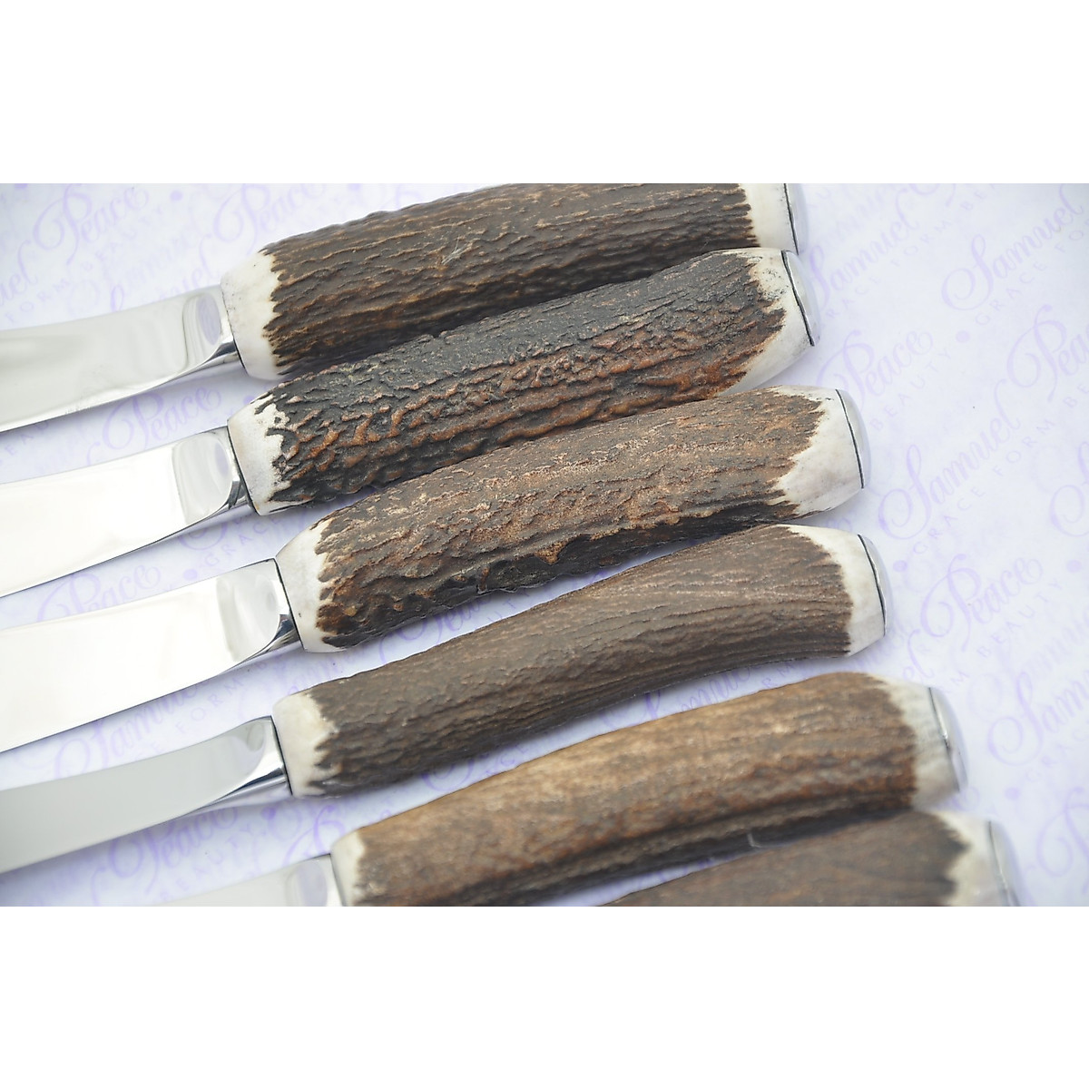 Six Cased Genuine Stag Horn/Antler Handle Steak Knives Made in Sheffield England Free Engraving