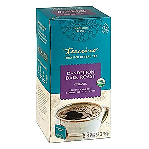 Teeccino Dandelion Herbal Tea - Dark Roast - Caffeine Free, Prebiotic, Gluten Free, 3x More Herbs - 25 Tea Bags
