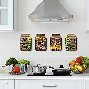 4 Pcs Kitchen Wall Decor Mason Jar Set Wooden Rustic Home Decor Inspirational Kitchen Decor Hanging Farmhouse Kitchen Signs Wall Decor for Home Decor (Sunflower)