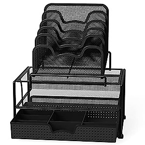 SimpleHouseware Mesh Desk Organizer with Sliding Drawer, Double Tray and 5 Stacking Sorter Sections, Black