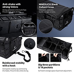 NINEDUCK Car Trunk Organizer with Lid - Black Premium Oxford and Cargo Storage Adjustable for Auto, Sedan, SUV, Van, Truck (ExtraLarge, Collapsible), Straps