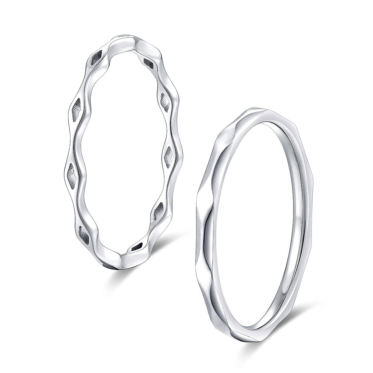 KAZITSAN 2pc Stainless Steel Rings for Women Fashion Plain Band Knuckle Stacking Midi Rings Silver Wedding Band Comfort Fit Size 7