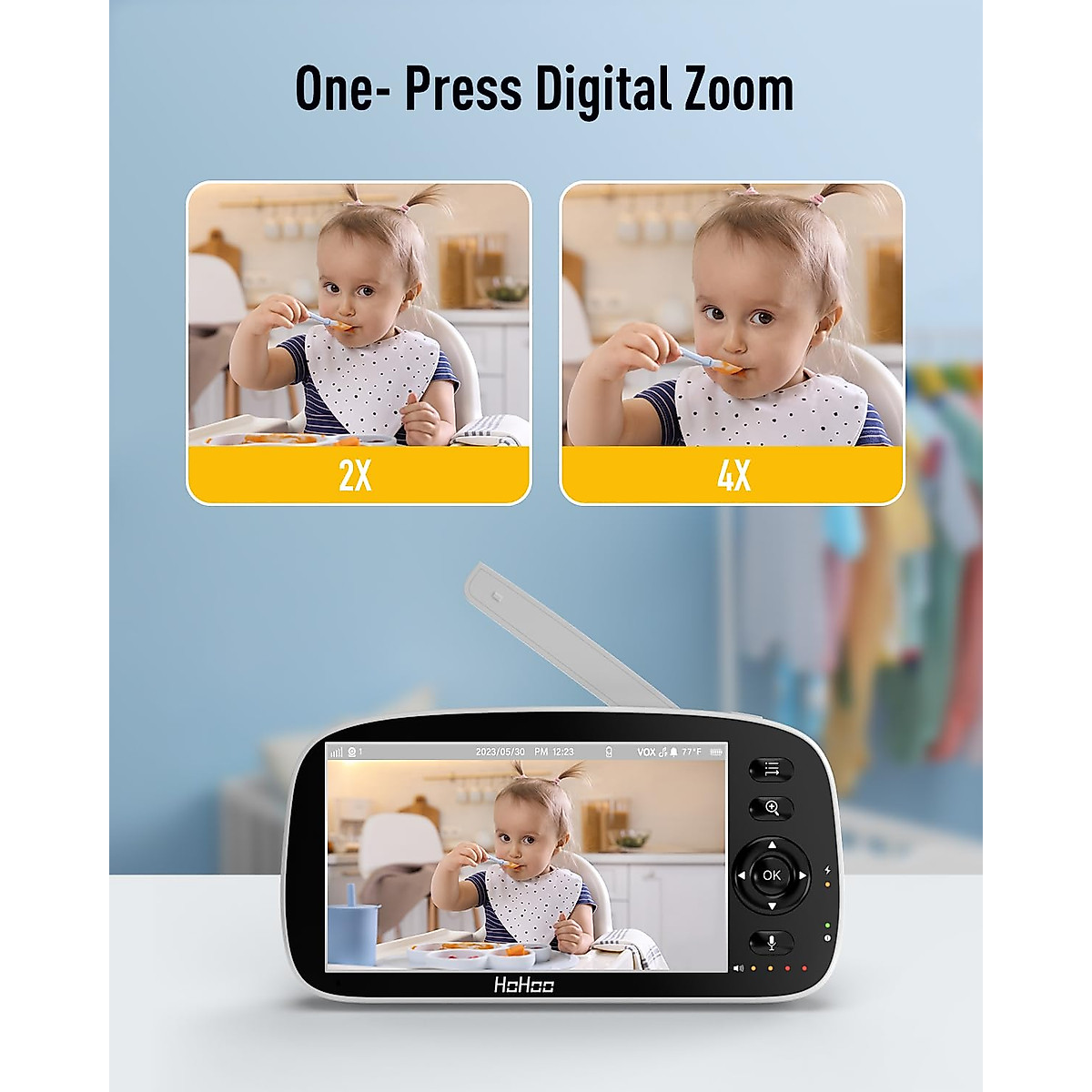 HOHOO Baby Monitor, 5" 720P HD Split Screen, 30 Hours Battery Life Baby Monitor with Camera and Audio|Remote PTZ, Two-Way Audio, Zoom, Night Vision, Lullabies, 960ft Long Range