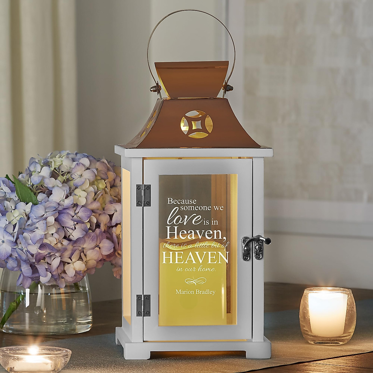 Let’s Make Memories Personalized Memorial Lantern - Sympathy - Condolences - LED Candle - Automatic Timer - Wood/Stainless Steel - Copper Finish - for Loved Ones in Heaven