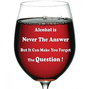 Vaci Funny Wine Glass with 2 Drink Coasters | Dishwasher Safe 15 Oz. Crystal Glass | Alcohol is Never The Answer | Fun Novelty Gift | Great for Bachelor's Parties, Birthdays, Restaurants, Bars & More