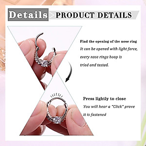 LOYALLOOK 8PCS 16G Septum Clicker Ring Stainless Steel CZ Opal Cartilage Helix Tragus Hoop Daith Earrings Nose Hinged Segment Ring Piercing Jewelry 10MM