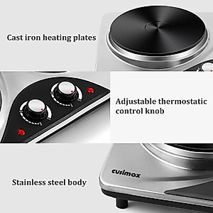 Double Hot Plate, CUSIMAX 1800W Double Burners Portable Electric Stove, Electric Hot Plate for Cooking, Countertop Burner with Dual Adjustable Temperature, Compatible for All Cookwares, Sliver