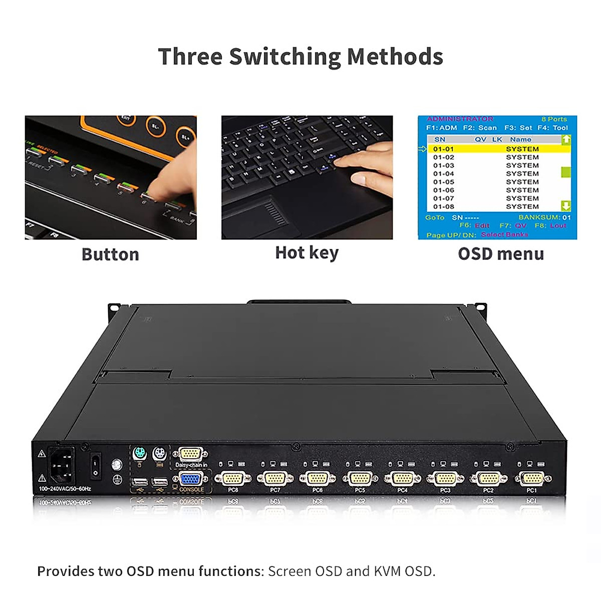 8 Port Rack Mount KVM Console w/19" Rackmount Monitor, 1U VGA KVM Switch Drawer+Keyboard+Touchpad+8 VGA Cable,OSD/Hotkey/Button Switch, 1280X1024@60Hz, 23.8" Deep,Compatible with Windows,Linux,Mac,Sun