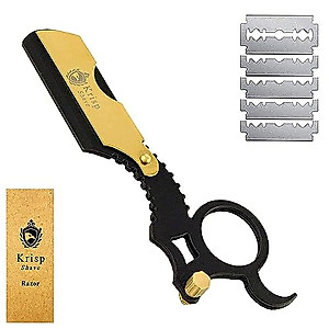 Professional Classic Straight Edge Barber Razor For Close Shaving - Salon Quality Men's Beard Cut Throat Finger Razor Shavette With 10 Shaving Blades By Krisp Shave