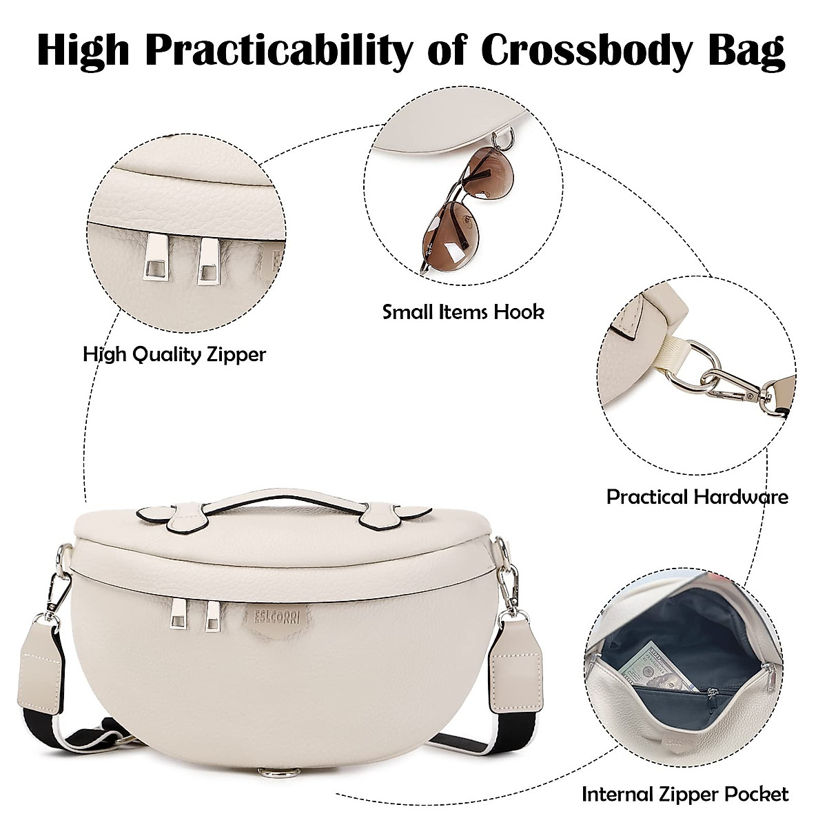 Eslcorri Crossbody Bags for Women - Fashion Sling Purse Shoulder Bag Fanny Pack Leather Causal Chest Bum Bag with Adjustable Wide Strap for Workout Traveling Running Shopping - Apricot