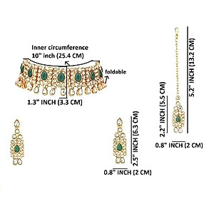 Efulgenz Kundan Necklace Set Indian Kundan Jewelry Sets for Women Green Indian Jewelry Kundan Crystal Choker Necklace Dangle Earrings Maang Tikka Bollywood Wedding Choker Necklace for Women