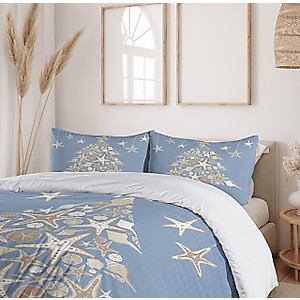 Ambesonne Christmas Duvet Cover Set, Nautical Elements Sea Life Theme with Noel Tree Winter Season, Decorative 3 Piece Bedding Set with 2 Pillow Shams, Queen Size, Beige Cream
