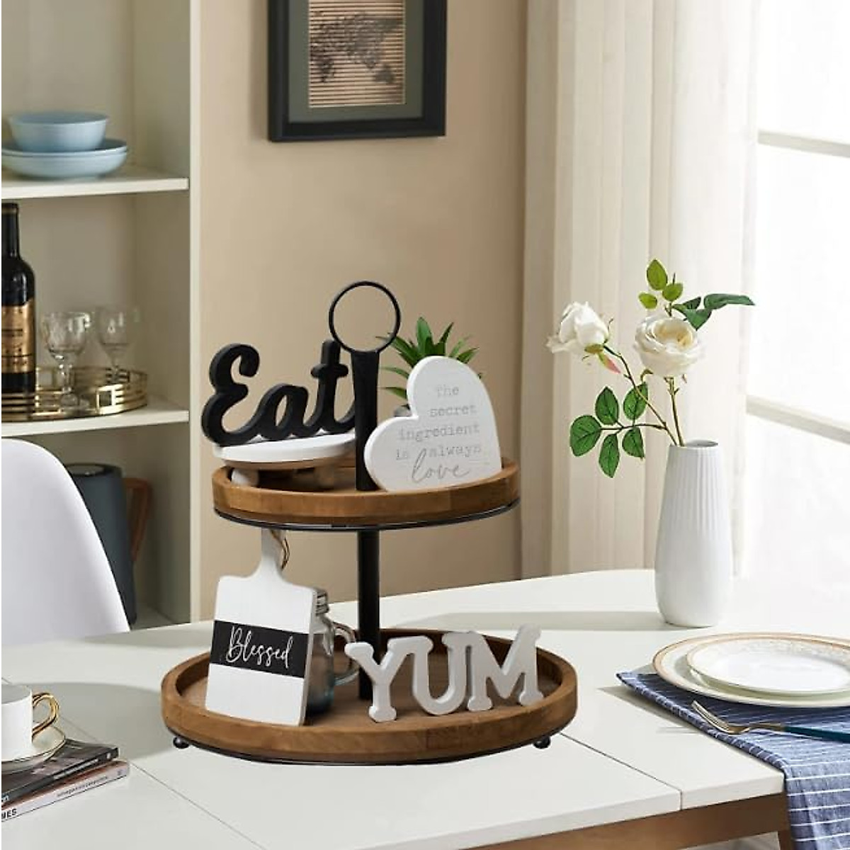 GENMOUS & CO. Farmhouse Tiered Tray Decor with Distressed Wood Bead Garland, Decorative 2 Tiered Serving Tray with Metal Handle for Rustic Home Décor