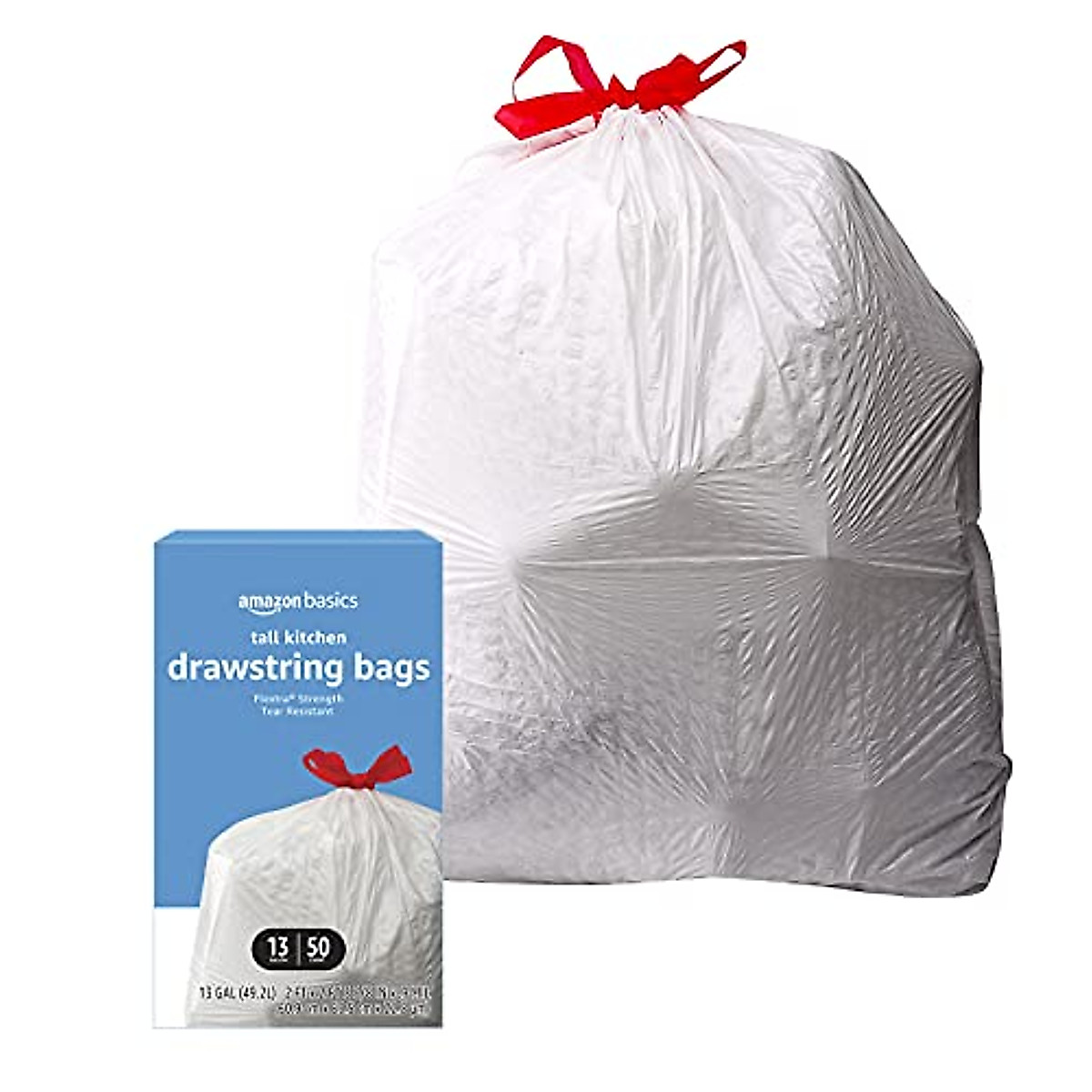 Amazon Basics Flextra Tall Kitchen Drawstring Trash Bags, 13 Gallon, 50 Count
