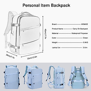 HOMIEE Carry on Backpack for Airplanes, 15.6 Inch Travel Laptop Backpack College Bag with USB Charging Port, Personal Item Size, Dry Wet Separation, Blue
