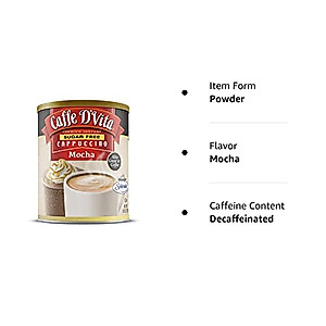 Caffe D’Vita Sugar Free Mocha Cappuccino Mix - Sugar Free Mocha Mix, Gluten Free, No Cholesterol, No Hydrogenated Oils, No Trans Fat, 99% Caffeine Free, Sugar Free Mocha Powder - 8.5 Oz Can