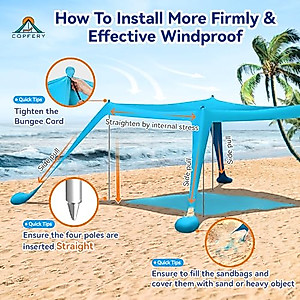 COPFERY Beach Tent Sun Shelter for Family 10x10 FT UPF50+ Windproof Beach Canopy with Mat, Sand Shovel, Ground Pegs and Stability 4 Aluminum Poles, Portable Sun Shelter for Beach, Backyard or Picnics