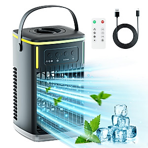 Portable Air Conditioners Fan,Portable Dual Nozzle Air Conditioner Fan, 1500ML Cooler with Remote, 3 Speeds & 1H/3H/6H Timer, 7 LED Colors, Perfect for Home/Office (Black)