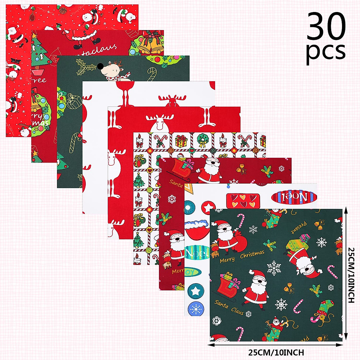 Tatuo 30 Pieces Christmas Cotton Fabric Square 10 x 10 Inch Printed Precut Floral Fabric Bundle Patchwork Fabric Scrap Christmas Material for Christmas DIY Craft Sewing Quilting