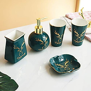 Soap Dispenser Hand Soap Dispenser Bathroom Accessories Set 5-Piece Green Ceramic Bath Accessory Completes with Lotion Dispenser/Soap Pump Toothbrush Holder Tumbler Mini Storage Tray Golden Deer Head