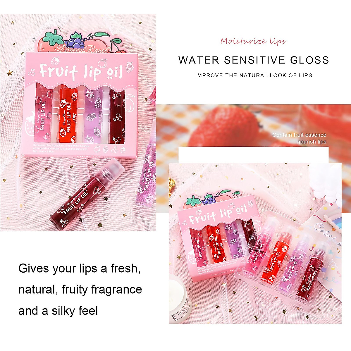 4Pcs Roll On Lip Oil Hydrating Lip Gloss Set, Lip Shine Fruit Lip Gloss, Transparent Plumping Lip Gloss Natural Shiny, Crystal Jelly Liquid Lipstick Long Lasting Lip Care Products for Women and Girl