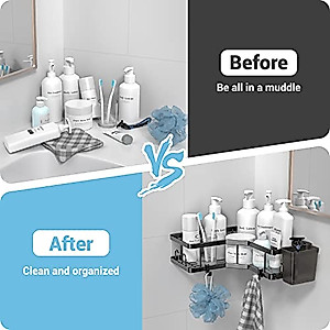 AKTECKE Corner Shower Caddy, 2 Pack Adhesive Shower Corner Organizer Shelves, No Drilling Stainless Steel Shower Storage Rack with Hooks&Toothpaste Holder for Bathroom, Dorm and Kitchen