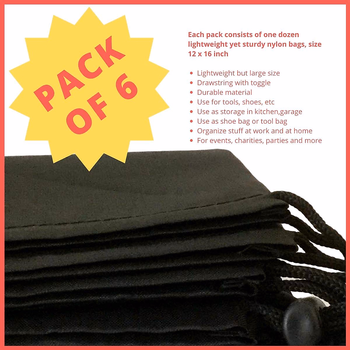 PALTERWEAR Drawstring Bag - Nylon Cinch and Ditty Stuff Pouch with Toggle (12 x 16-6 pack, Black)