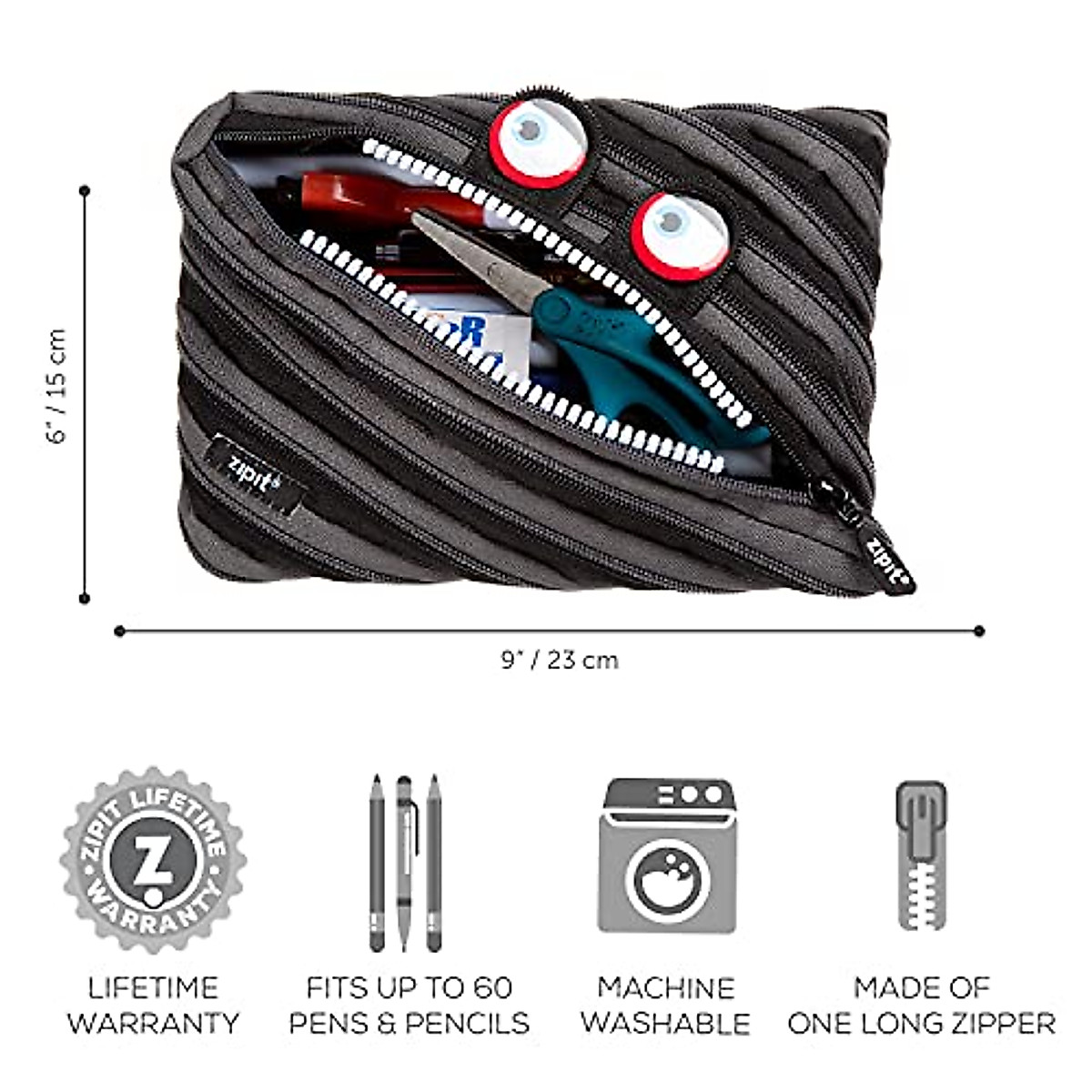 ZIPIT Wildlings Large Pencil Case for Kids | Pencil Pouch for School, College and Office | Pencil Bag for Boys & Girls (Black)