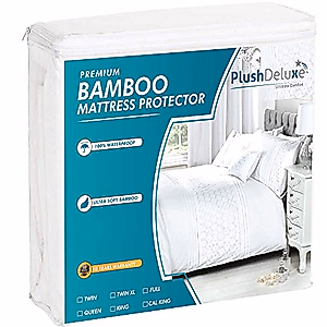PlushDeluxe Premium Bamboo Mattress Protector – Queen Size, Waterproof, & Ultra Soft Breathable Noiseless Washable Bed Mattress Cover for Comfort & Protection - White
