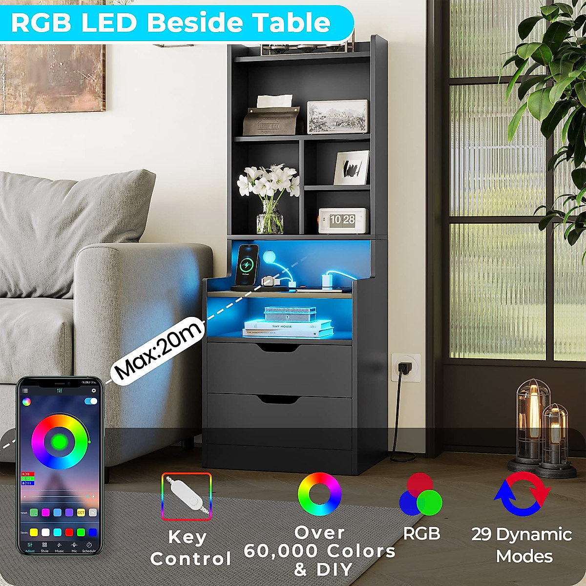 ADORNEVE Tall Night Stand with Charging Station and LED Lights,Nightstand with Bookshelf,Bedside Table with Drawers & Power Outlets,End Side Table for Bedrooms (Black)